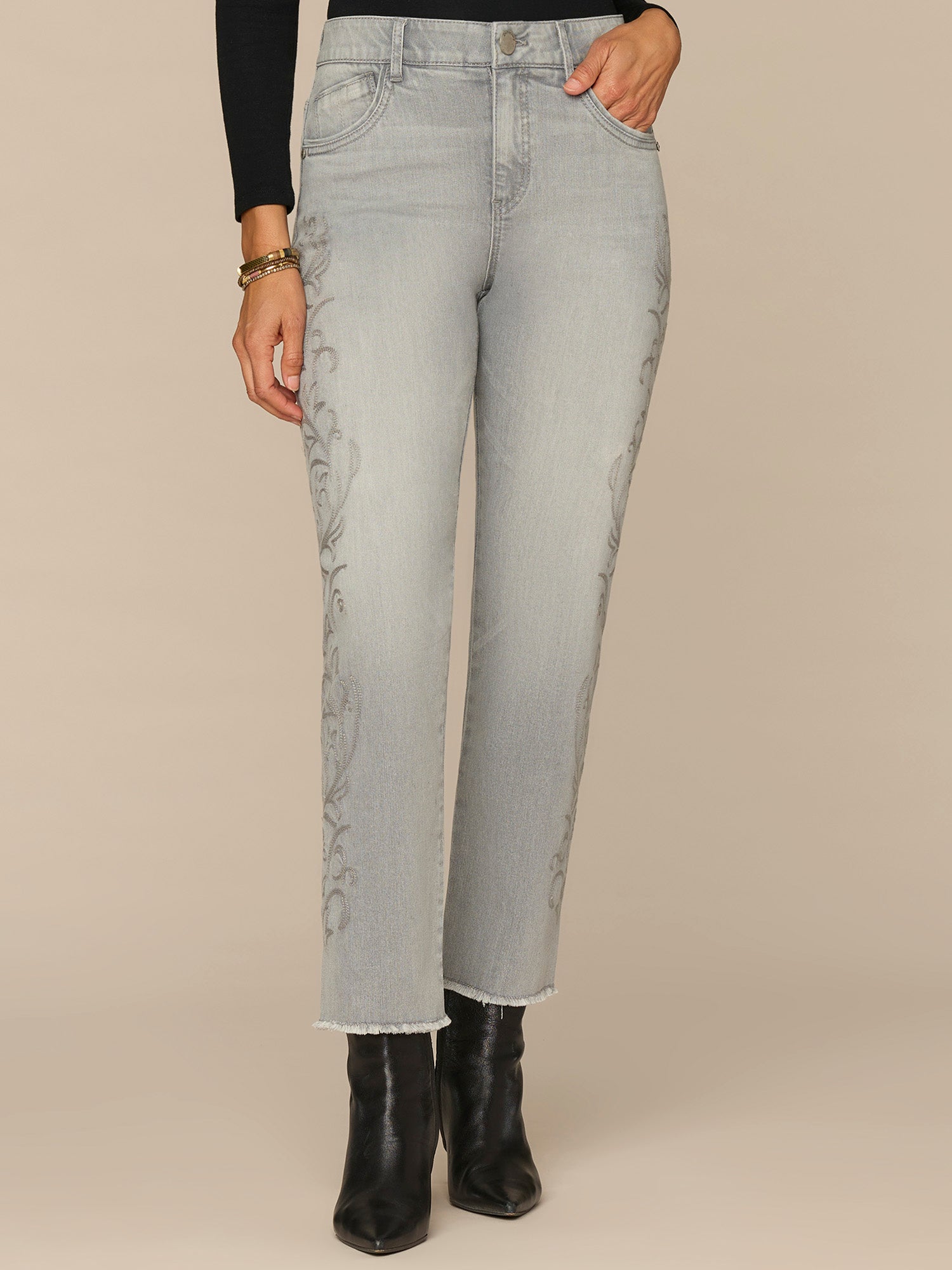 "Ab"solution® High Rise Seamless Embroidered Slim Straight Petite Jean ...