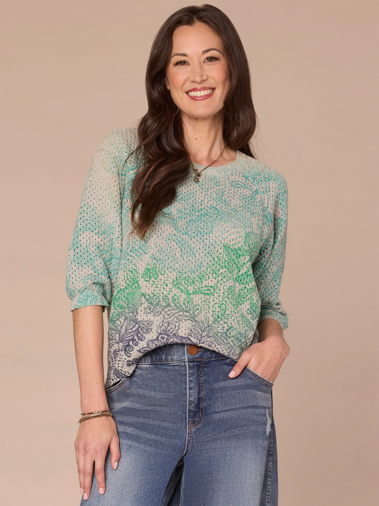 Three Quarter Dolman Sleeve Round Neck Ombre Open Work Sweater ...