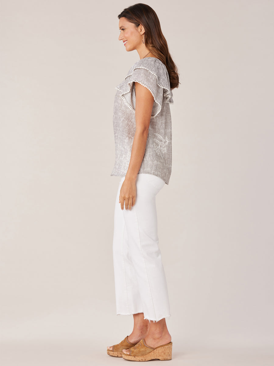 Double Layer Short Flounce Sleeve Round Neck Embroidered Woven Top ...