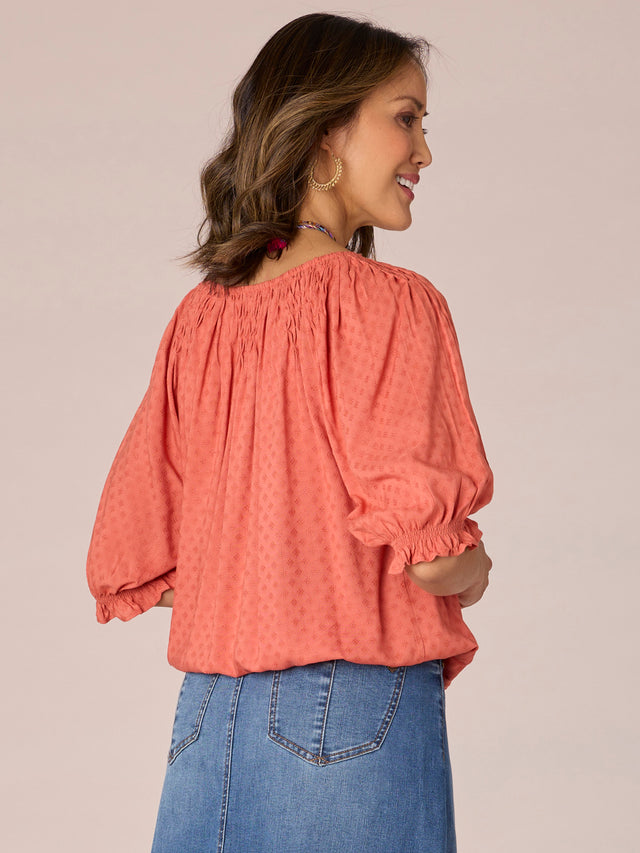 Elbow Blouson Sleeve Scoop Neck Embroidered Bubble Hem Woven Top ...