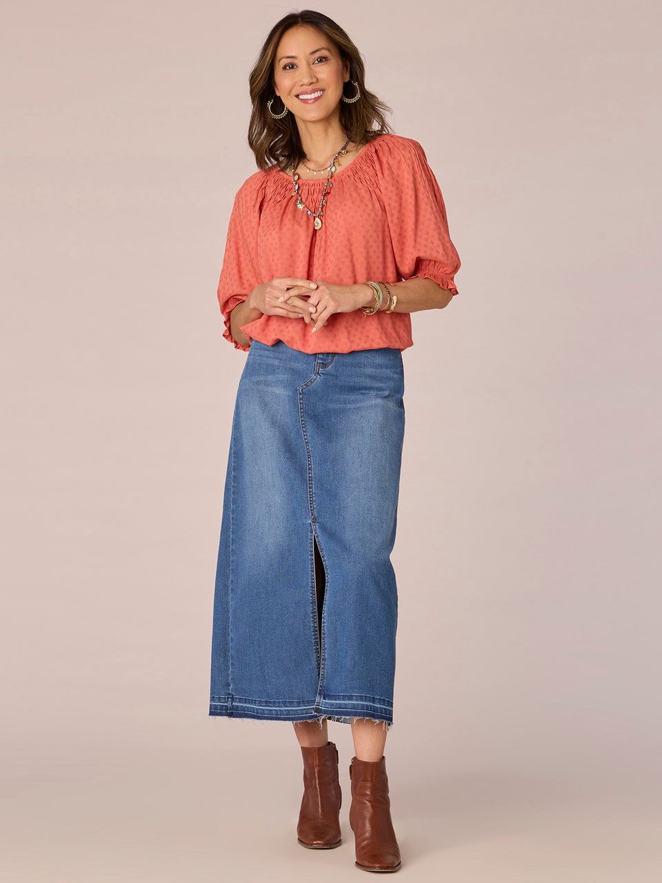 Elbow Blouson Sleeve Scoop Neck Embroidered Bubble Hem Woven Top ...