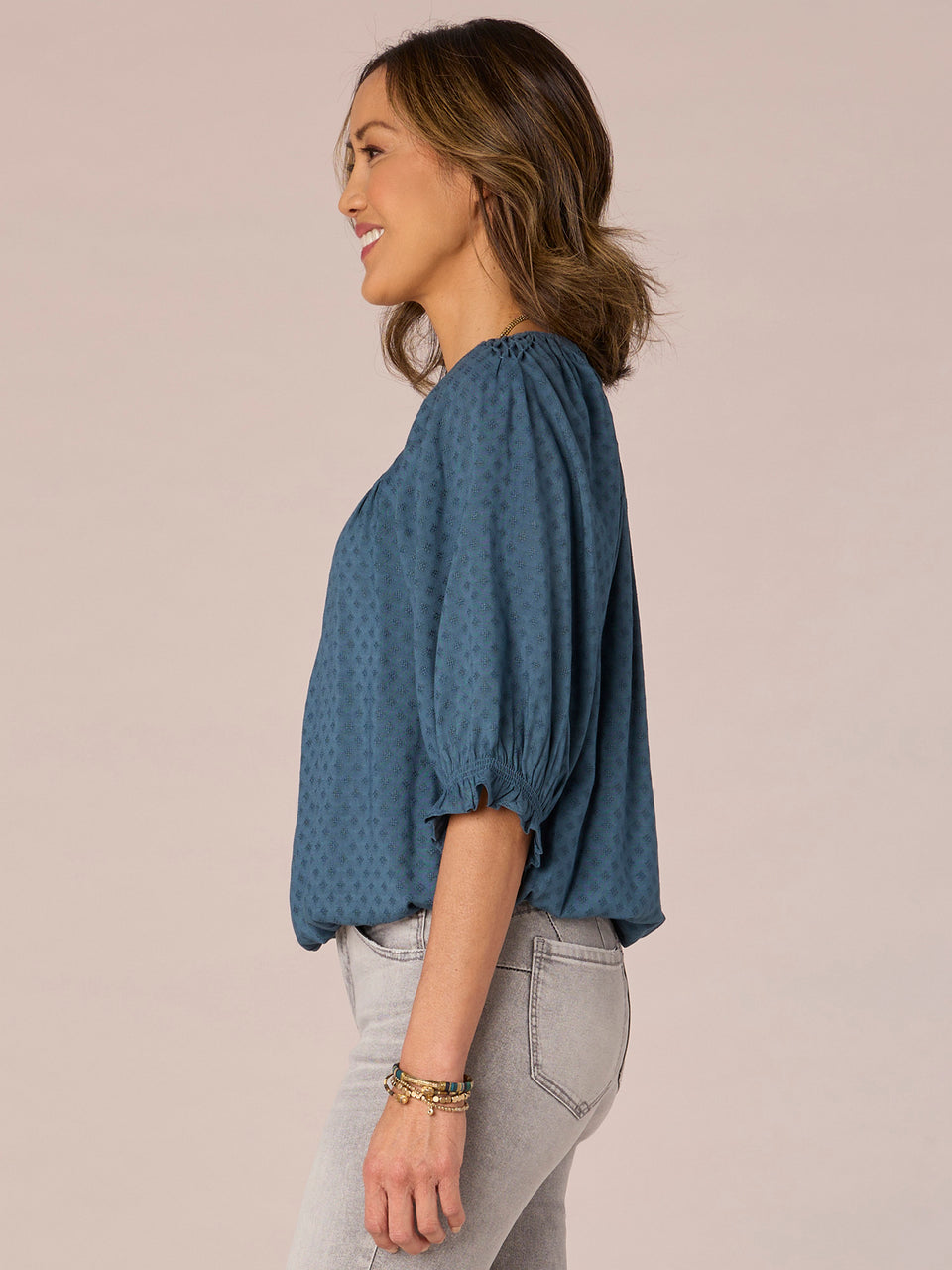 Elbow Blouson Sleeve Scoop Neck Embroidered Bubble Hem Woven Top ...