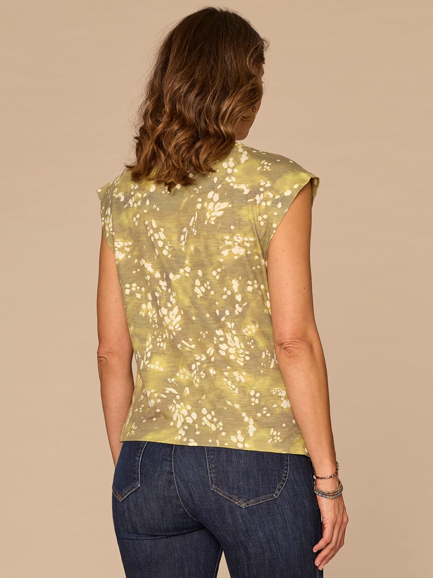 Extended Origami Cap Sleeve Scoop Neck Ruched Side Abstract Print Knit ...