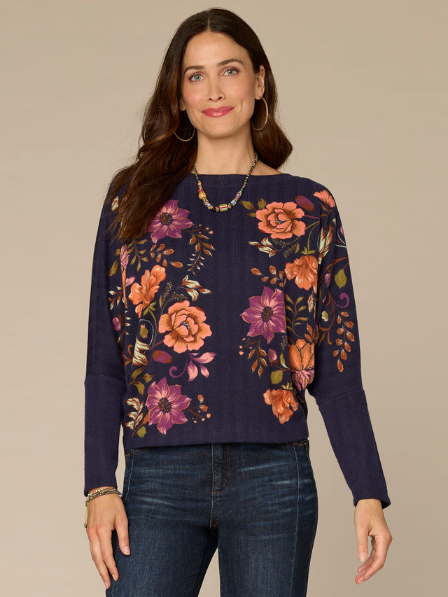 Long Batwing Sleeve Surplus Boat Neck Placement Floral Print Knit Top ...