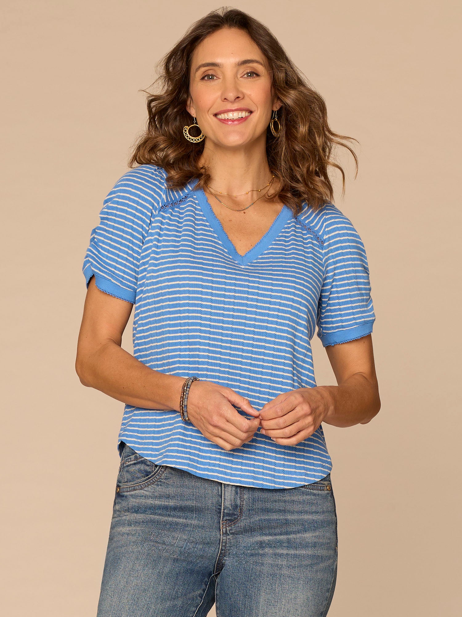Elbow Puff Sleeve Picot V-Neck Crochet Detail Knit Top – Democracy Clothing